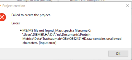 Accent character issue (user account) Error Message: Failed to create project Protein Sequence ...